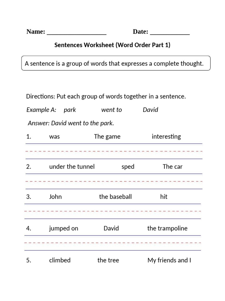 Sentence Worksheet For Grade 1 | PDF