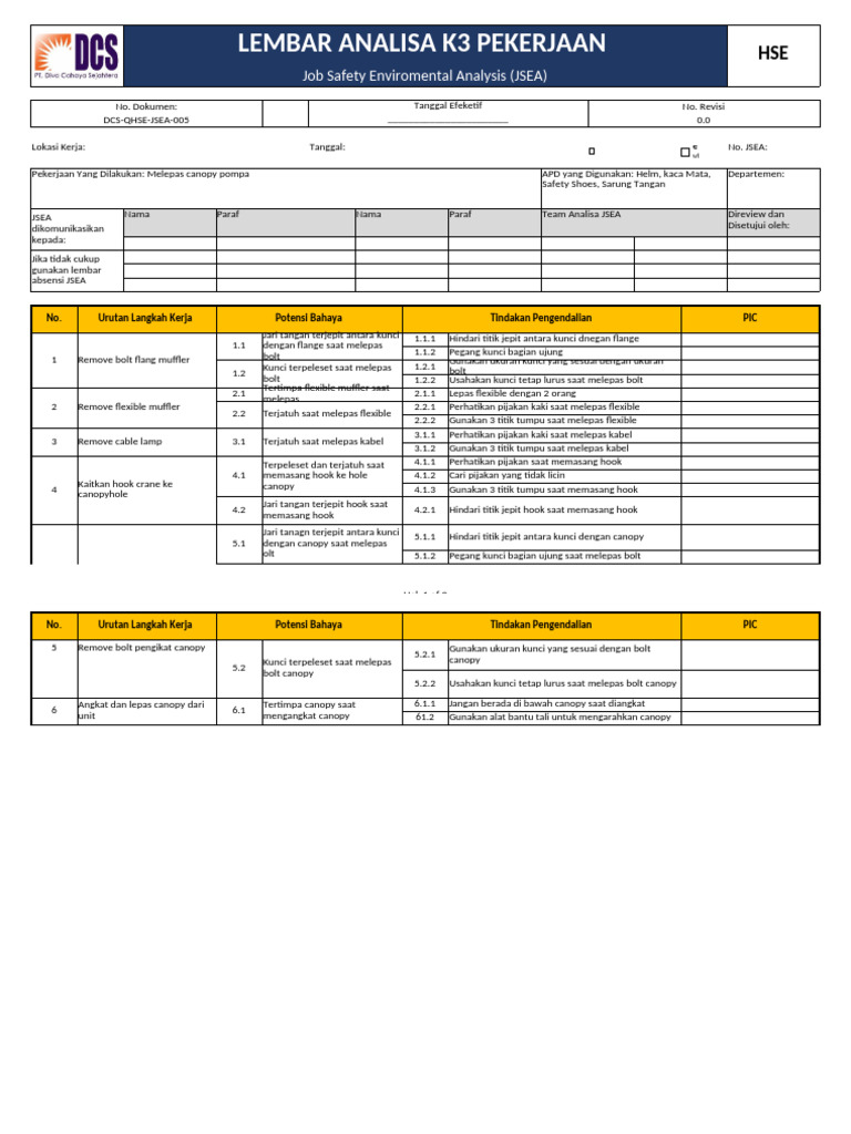 Dcs-Qhse-Jsea-005. Melepas Canopy Pompa | PDF
