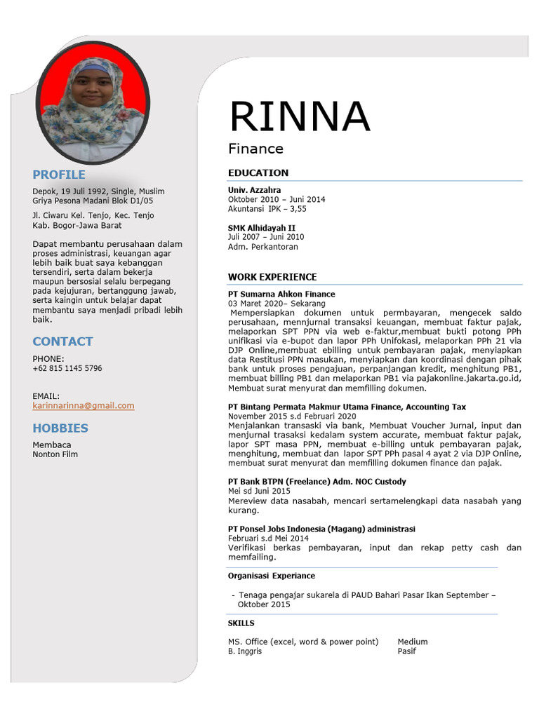 Rinna Rinna Staff Pajak Resume | PDF | Pengelolaan Keuangan & Uang