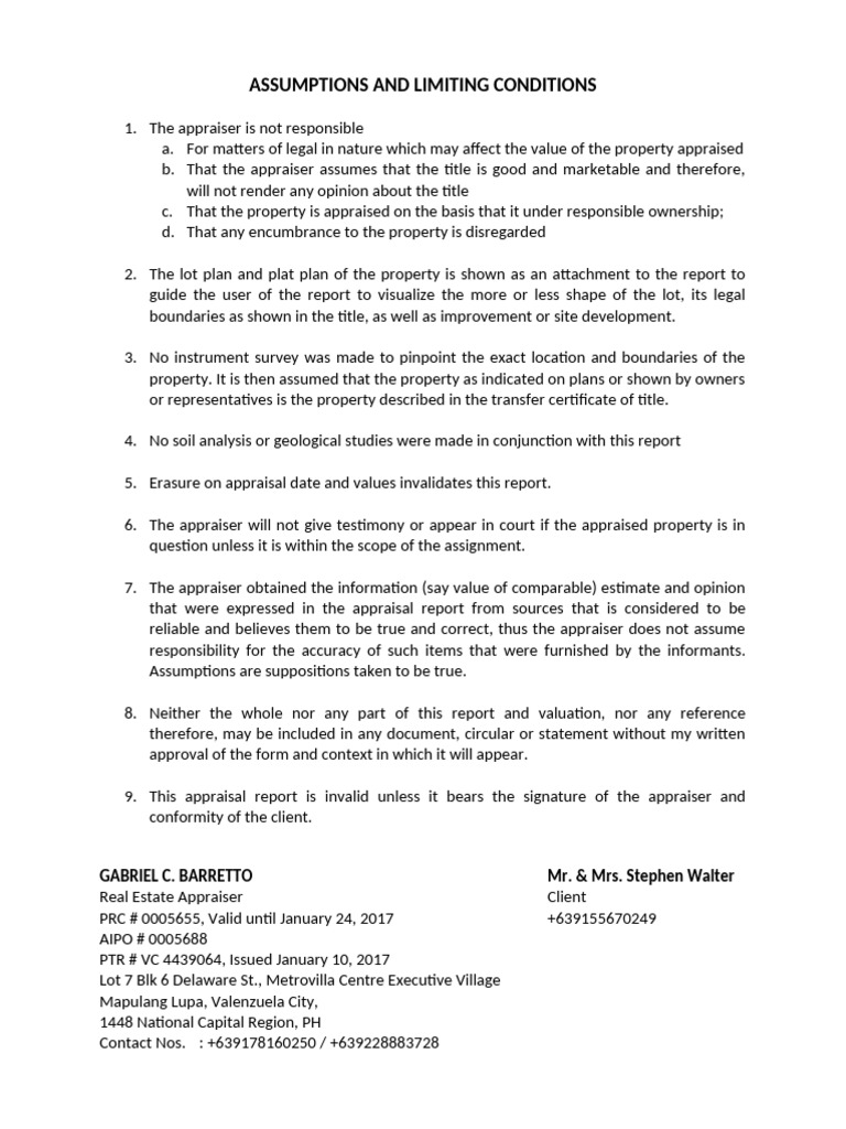 Assumptions and Limiting Conditions | PDF | Real Estate Appraisal ...