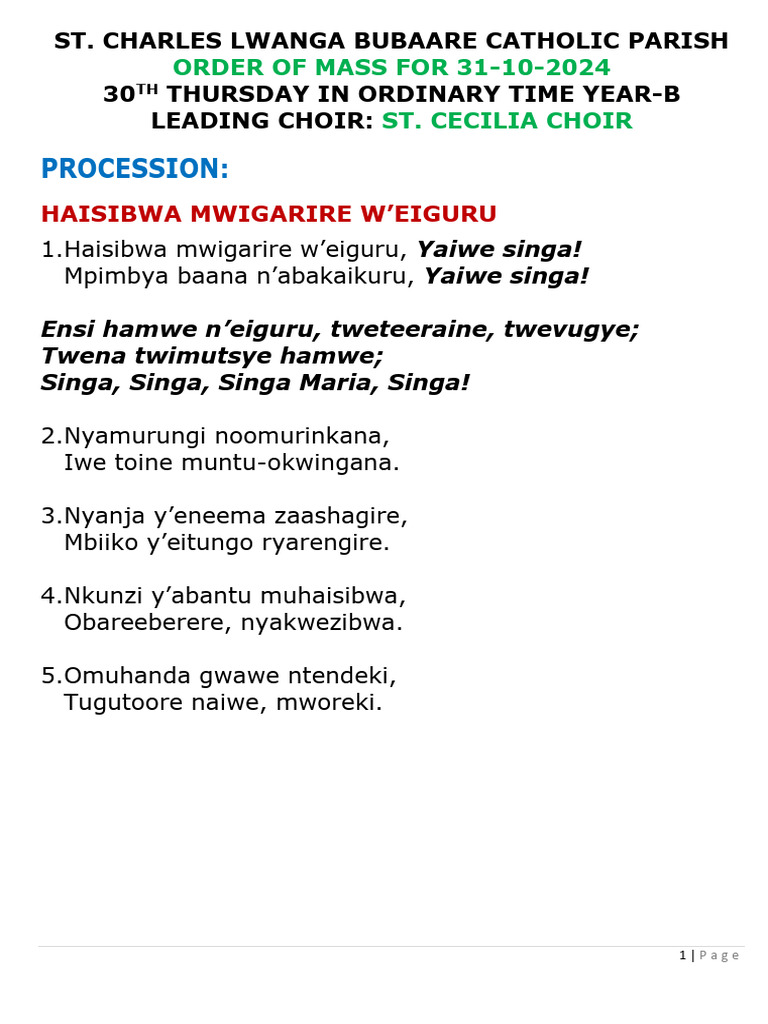 Order of Mass: 31-10-2024 | PDF | Catholic Liturgy | Mass (Liturgy)
