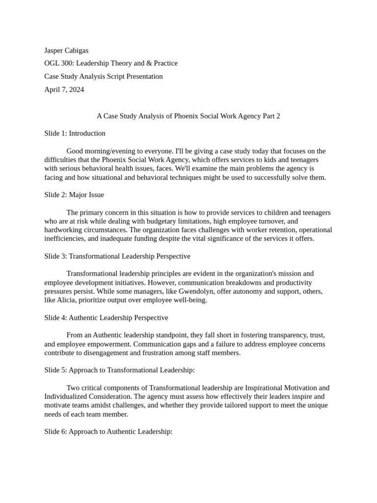 OGL 300 Case Study Script Phoenix Social Worker Agency Part 2 | PDF | Leadership ...