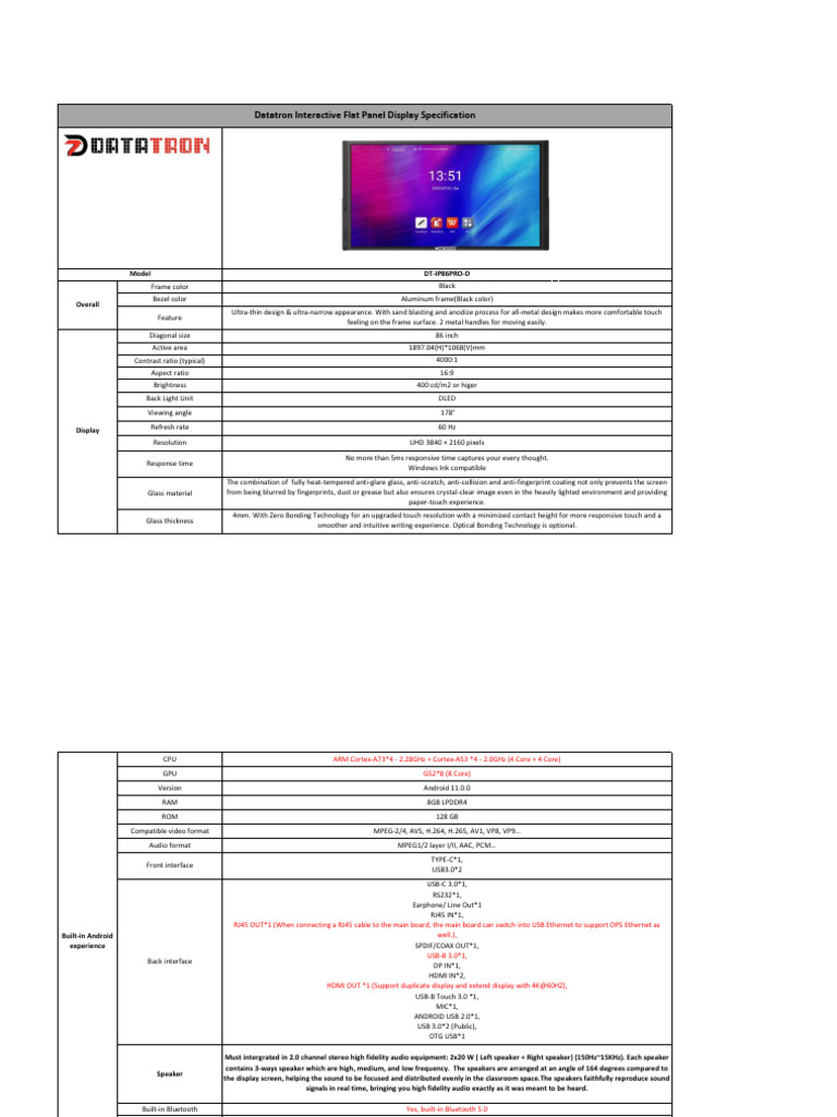 BenQ 5000i Display Specifications | PDF | Touchscreen | Microphone