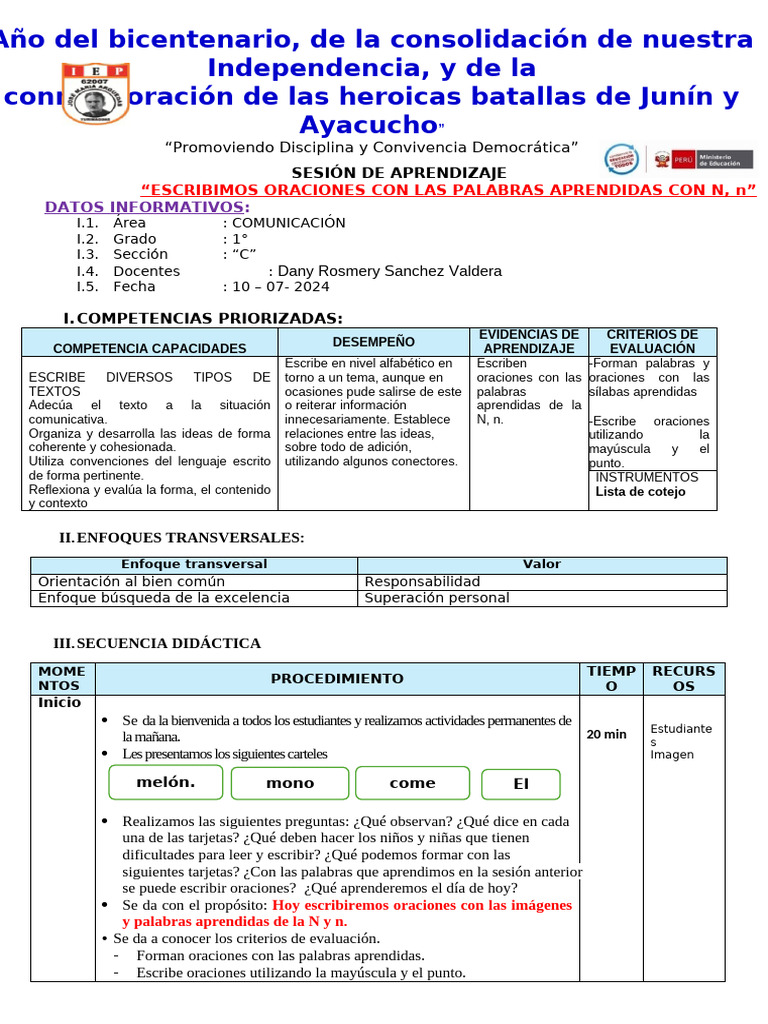 ESCRIBIMOS ORACIONES CON LAS PALABRAS APRENDIDAS CON N, N | PDF ...