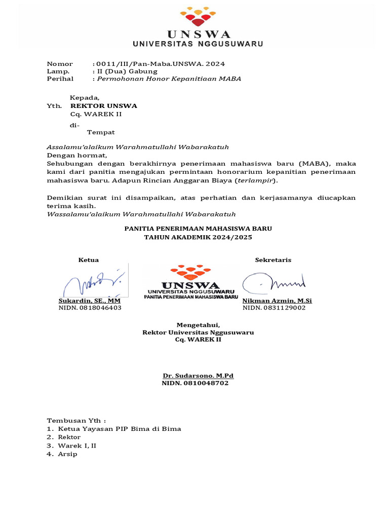 Honor Panitia Maba 2024 | PDF