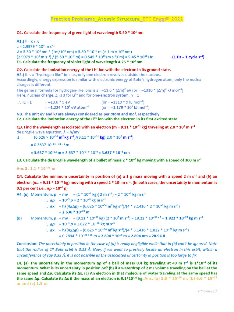 Practice Problem - Atomic Structure - ETC Engg | PDF | Electron | Electronvolt