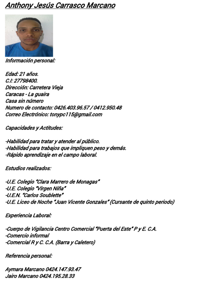 Anthony Jesús Carrasco Marcano Curriculum | PDF