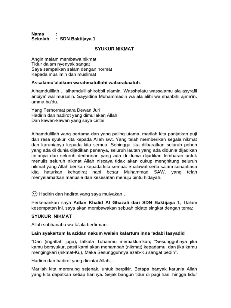 Teks Pidato - Syukur Nikmat Allah - Docx Ke 2 | PDF