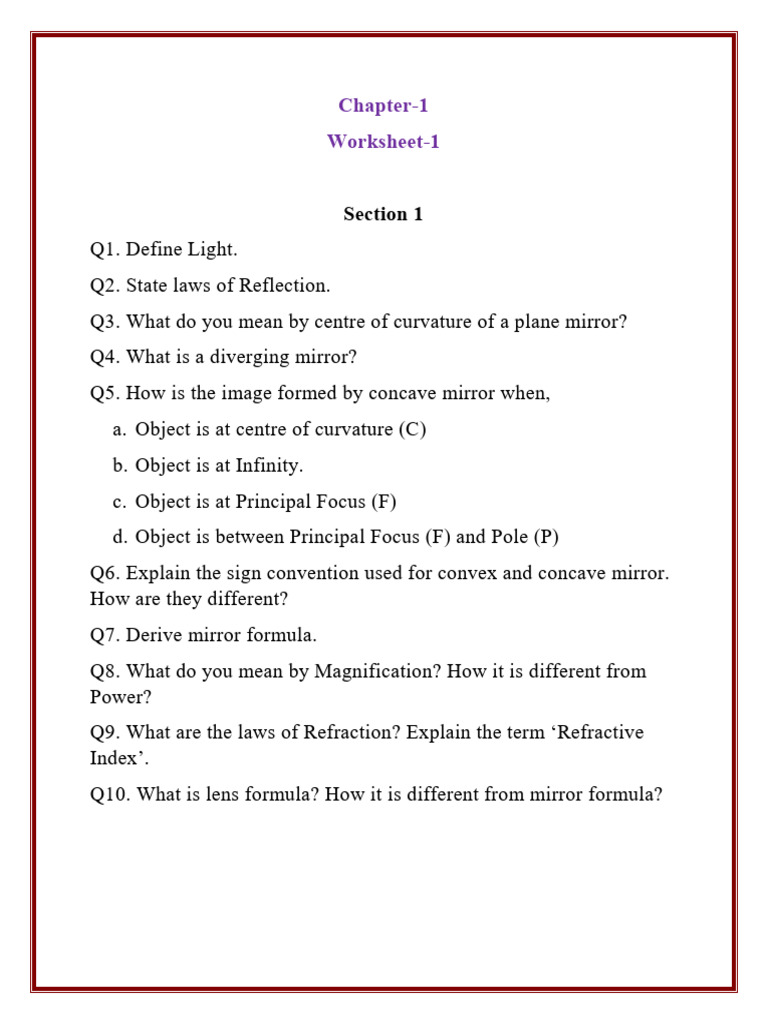 Chapter-1 Worksheet-1: Section 1 | PDF | Mirror | Electrodynamics