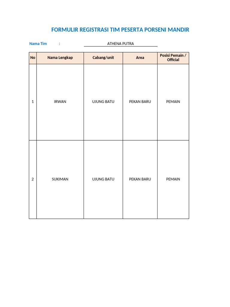 Formulir Registrasi Tim - VOLLEY ATHENA PUTRA | PDF