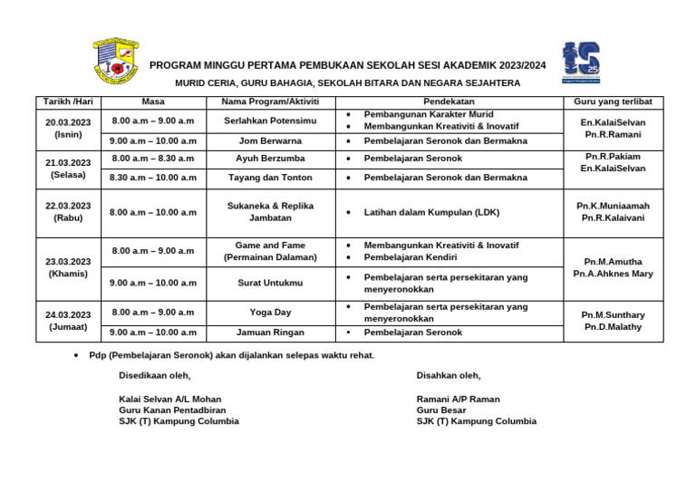 Program Minggu Pertama Pembukaan Sekolah Sesi Akademik 2023 | PDF