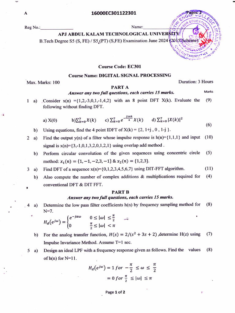 B.Tech DSP Exam June 2024 | PDF | Discrete Fourier Transform | Digital Signal Processing