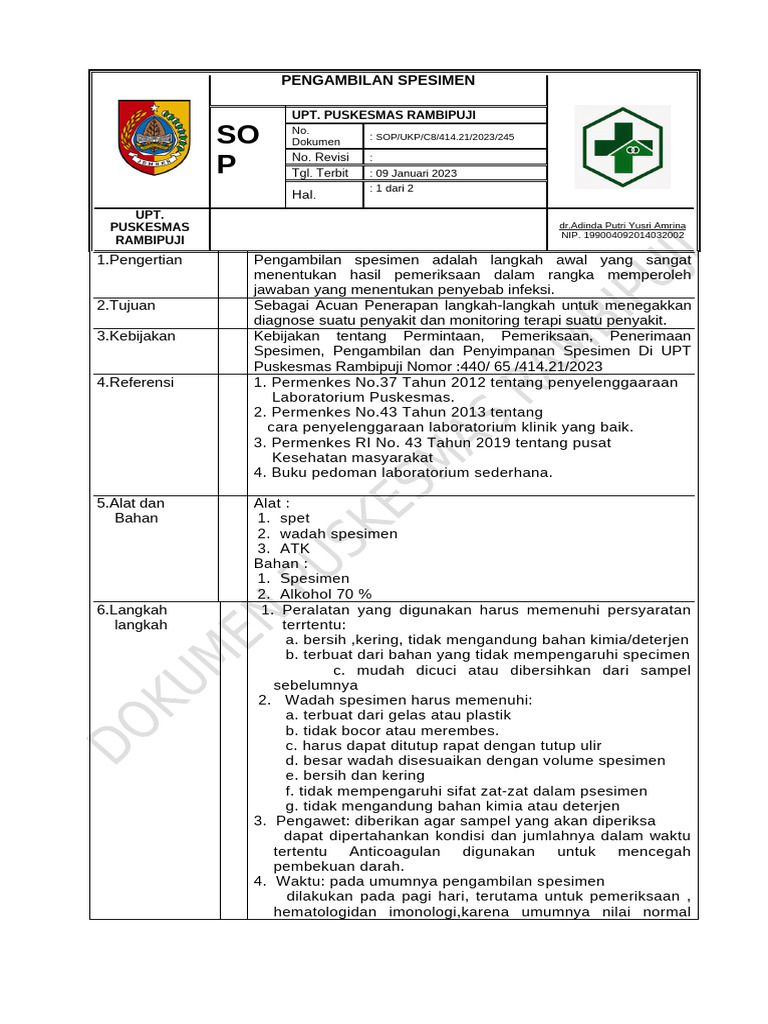 3 SOP Pengambilan, Spesimen | PDF