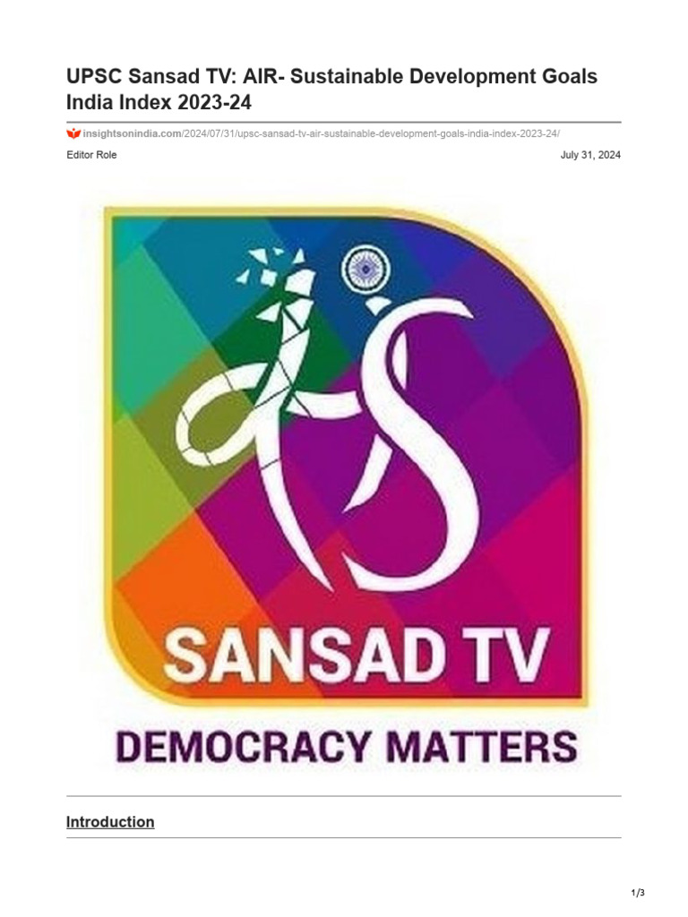 UPSC Sansad TV AIR - Sustainable Development Goals India Index 2023-24 | PDF | Sustainable ...