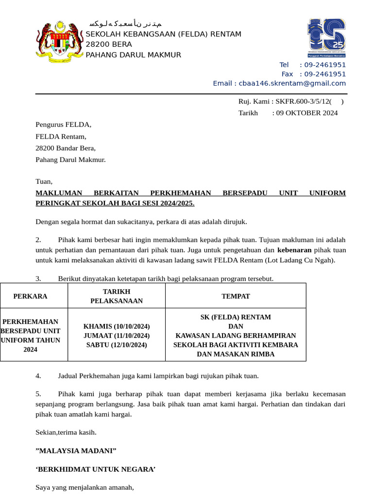 Surat Litup Pengurus Felda - Perkhemahan Besepadu | PDF