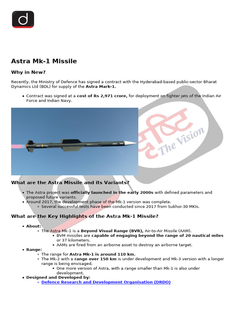 Astra Mk-1 Missile Overview and Significance | PDF | Missile | Military ...