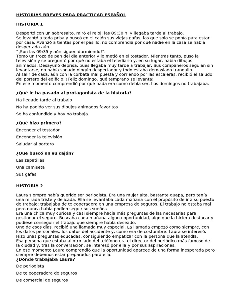 Ejercicios - Historias Breves para Practicar Español | PDF