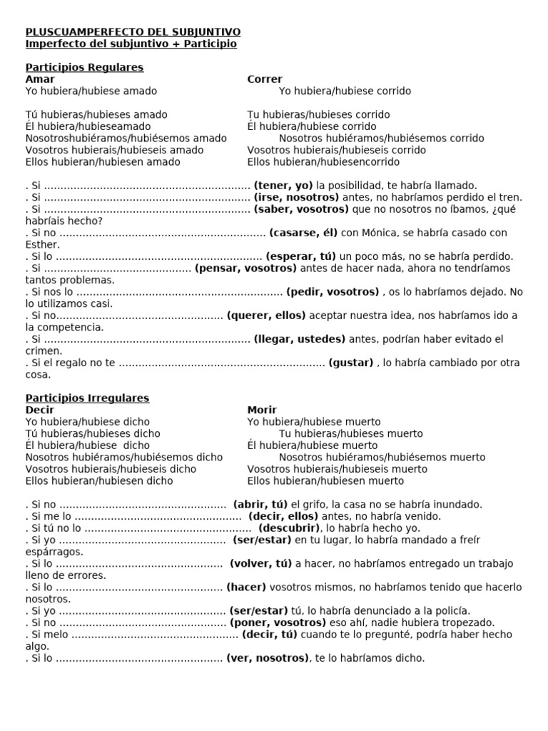 Aula - Igor - Ejercicios - Pluscuamperfecto Del Subjuntivo | PDF ...