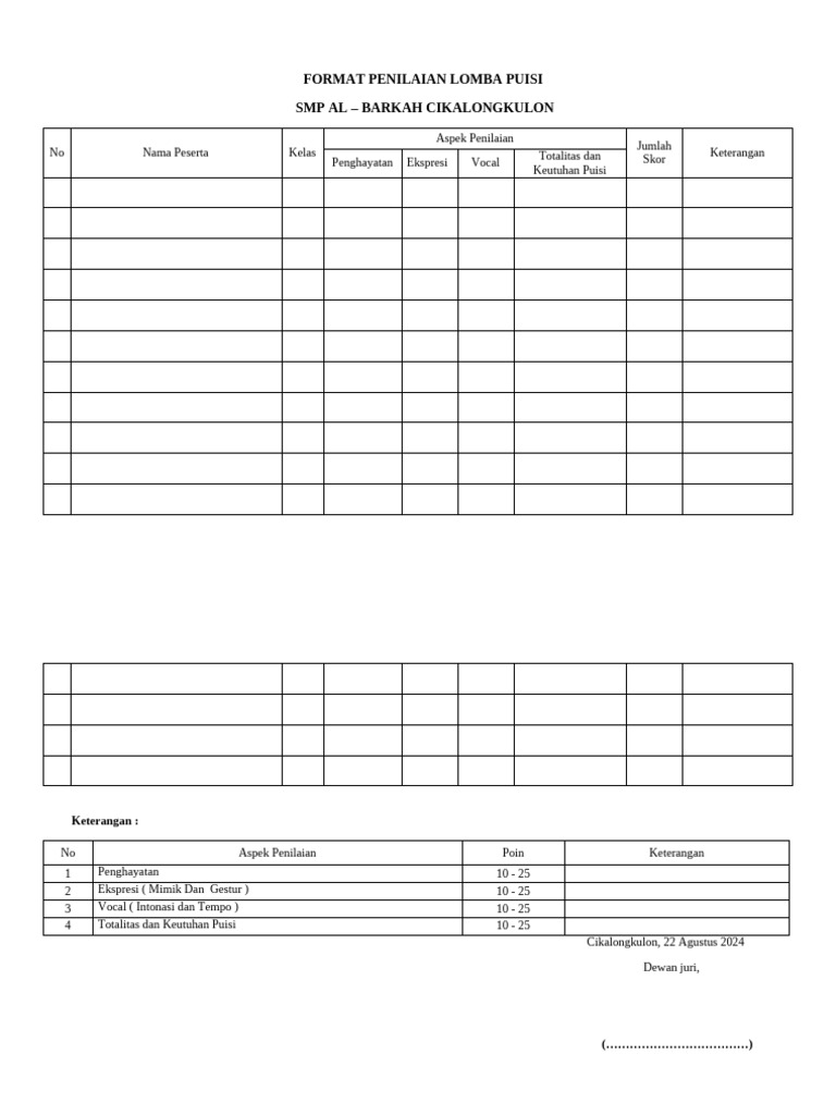 Format Penilaian Lomba Puisi SMP-1 | PDF
