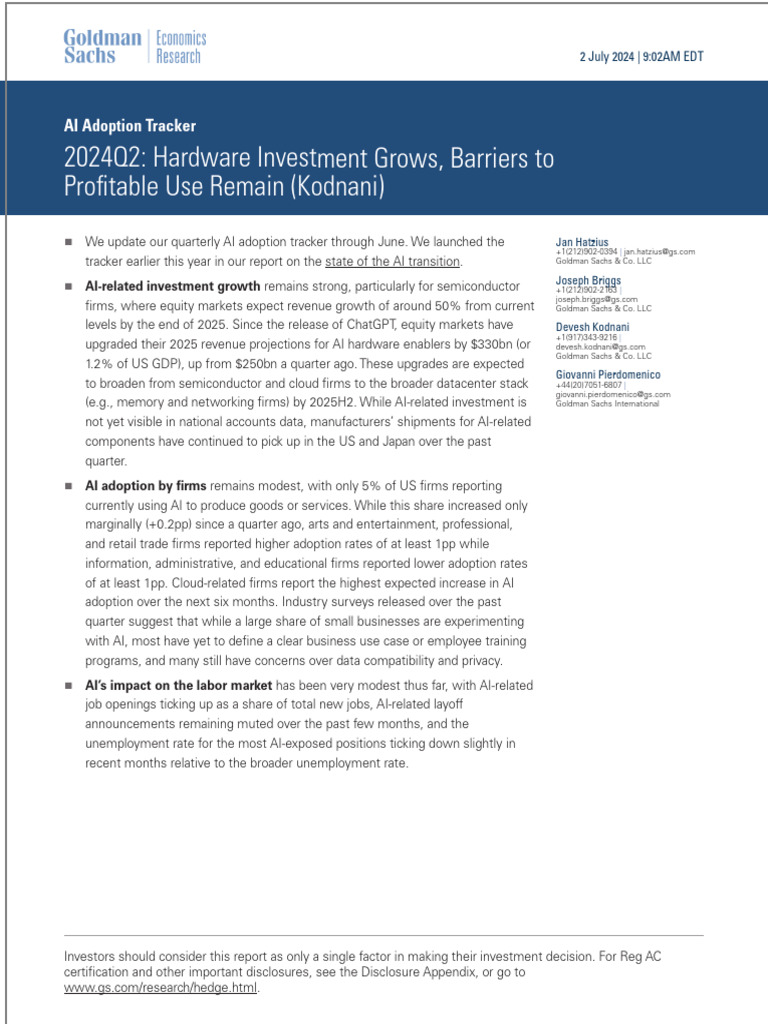 Goldman Sachs AI Adoption Tracker 2024Q2 Hardware Investment Grows | PDF | Artificial ...