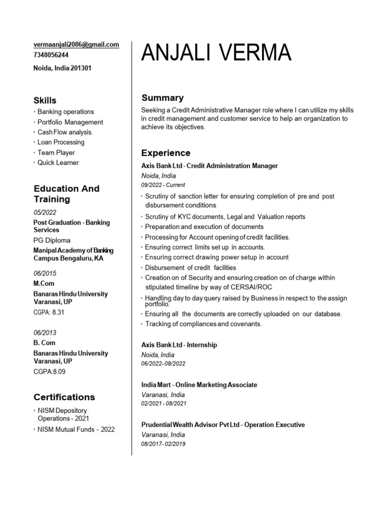 Credit Admin Manager Resume | PDF | Career & Growth | Business