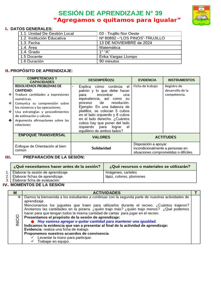 SESIÓN 39 Agregamos o Quitamos para Tener Una Igualdad. ERIKA | PDF ...