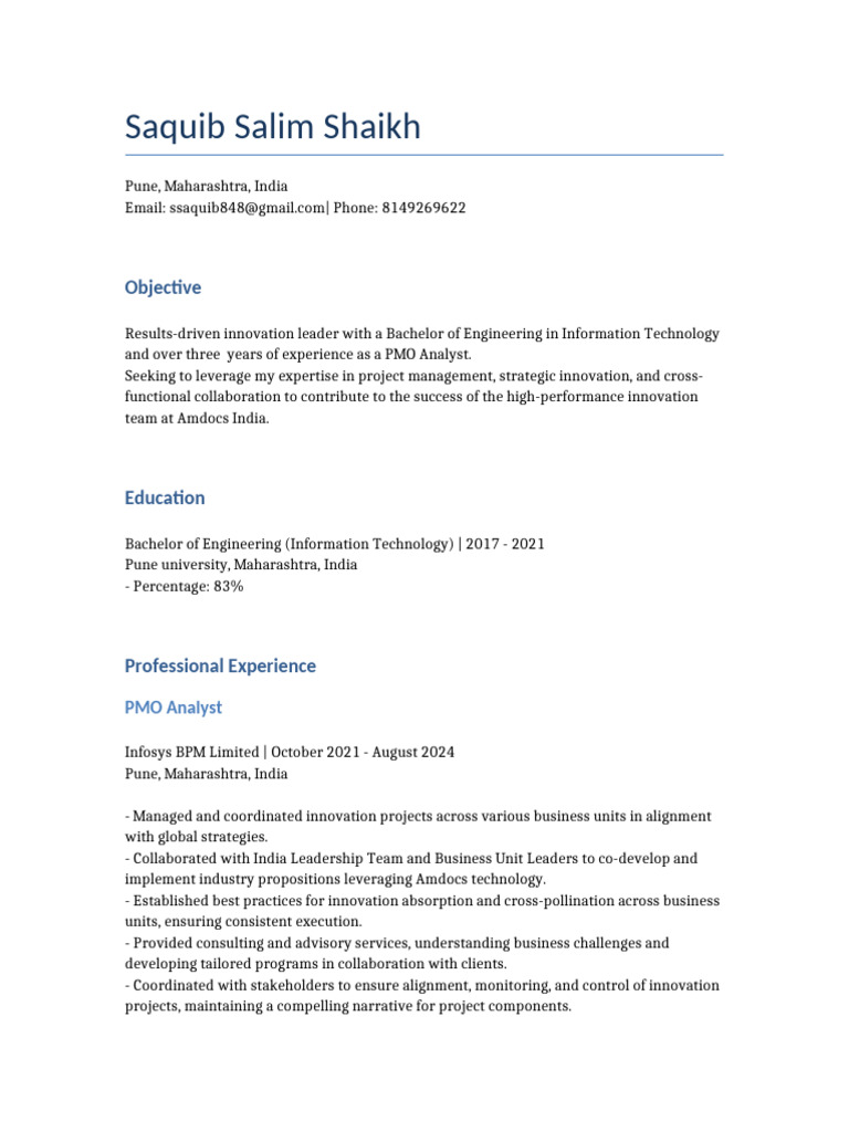 Saquib Shaikh: PMO Analyst Profile | PDF | Project Management | Innovation