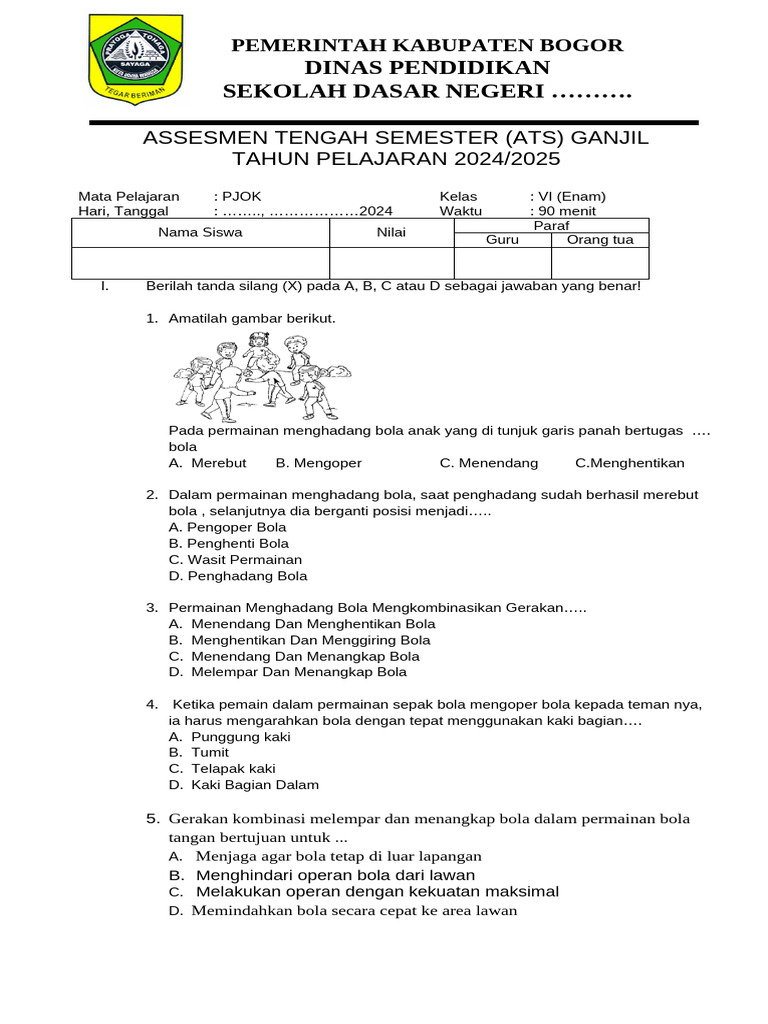 Soal Pjok Kelas 6 Ats Ganjil 2024 | PDF