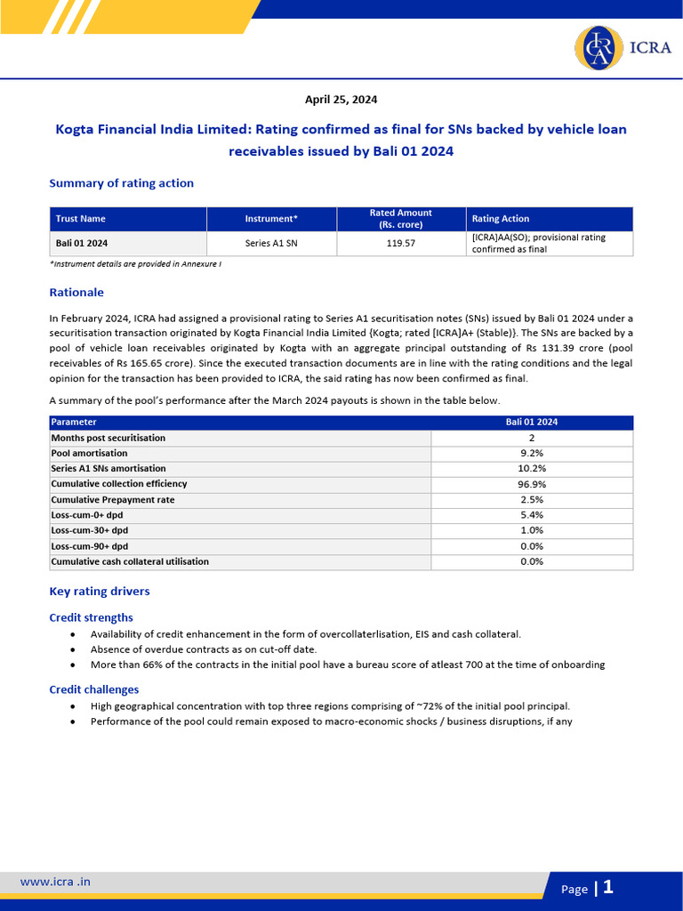 Kogta Financial India Limited - Bali 01 2024 | PDF | Securitization | Investing