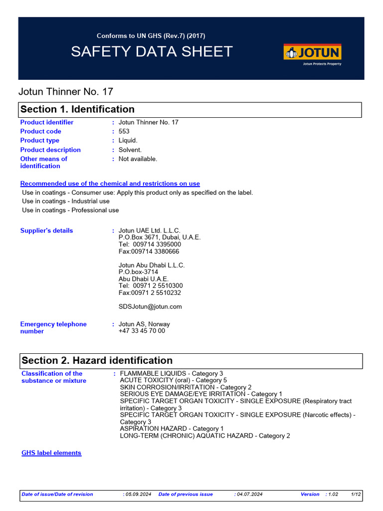 Sds - SDS 553 Jotun Thinner No. 17 Euk AE | PDF | Toxicity ...