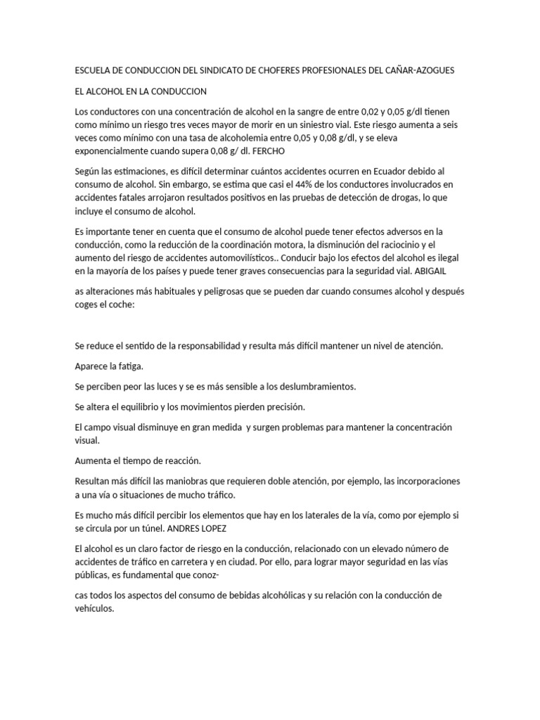 El Alcohol en La Conduccion | PDF | Bebidas alcohólicas | Accidente de ...