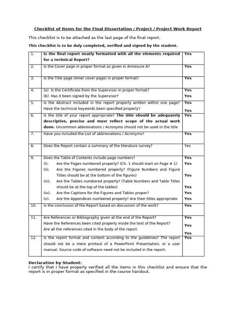 Checklist of Items For The Final Dissertation, Project, Project Work ...