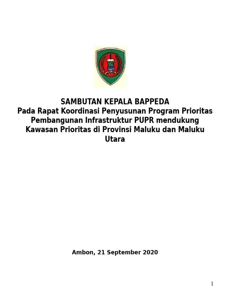 Sambutan Ka. Bappeda Rakor Nfrastruktur | PDF