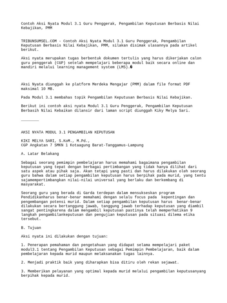 Contoh Aksi Nyata Modul 3.1 Guru Penggerak | PDF