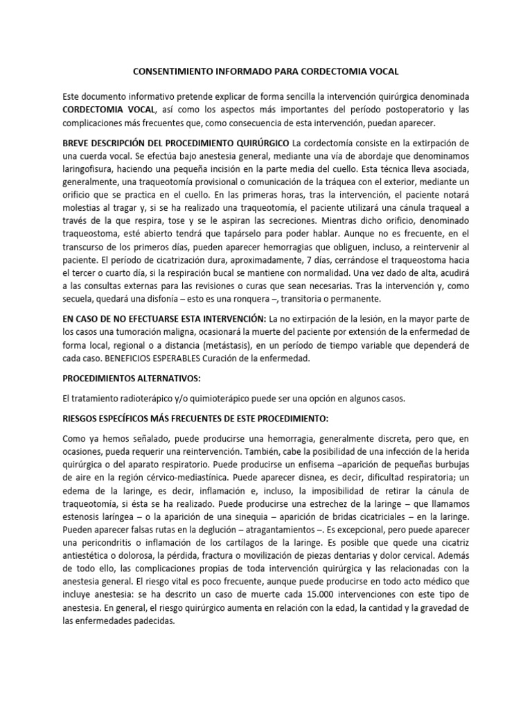 Consentimiento Cordectomía Vocal | PDF | Cirugía | Anestesia