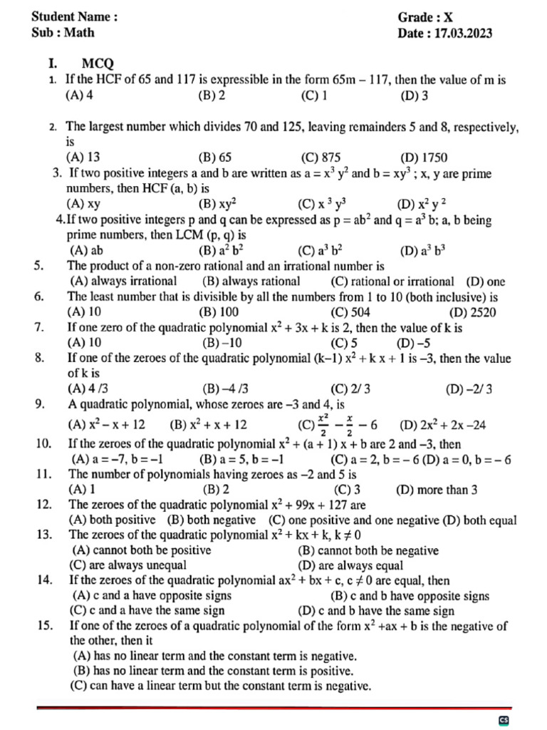 MCQ All Chapter Class 10th | PDF