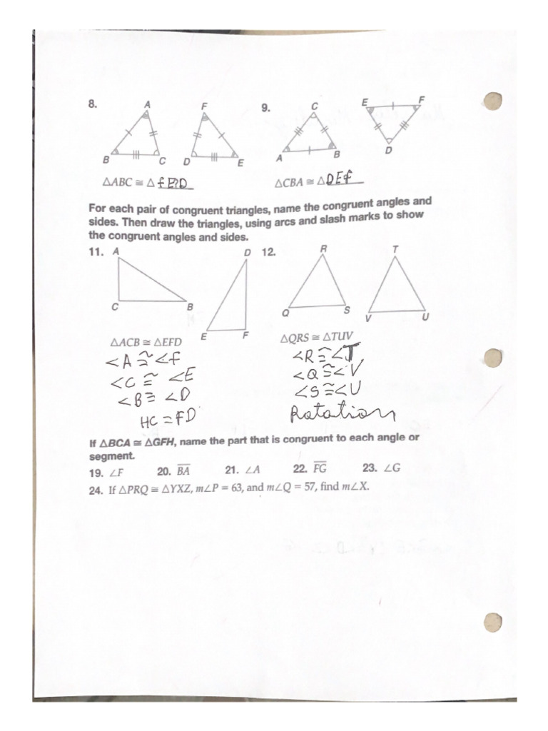 For each pair of congruent triangles, name the congruent angles and | PDF