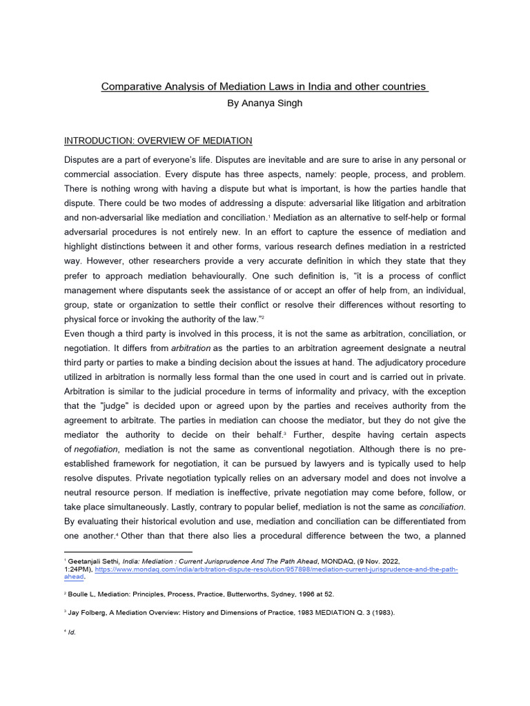 Comparative Analysis of Mediation Laws in India and Other Countries ...