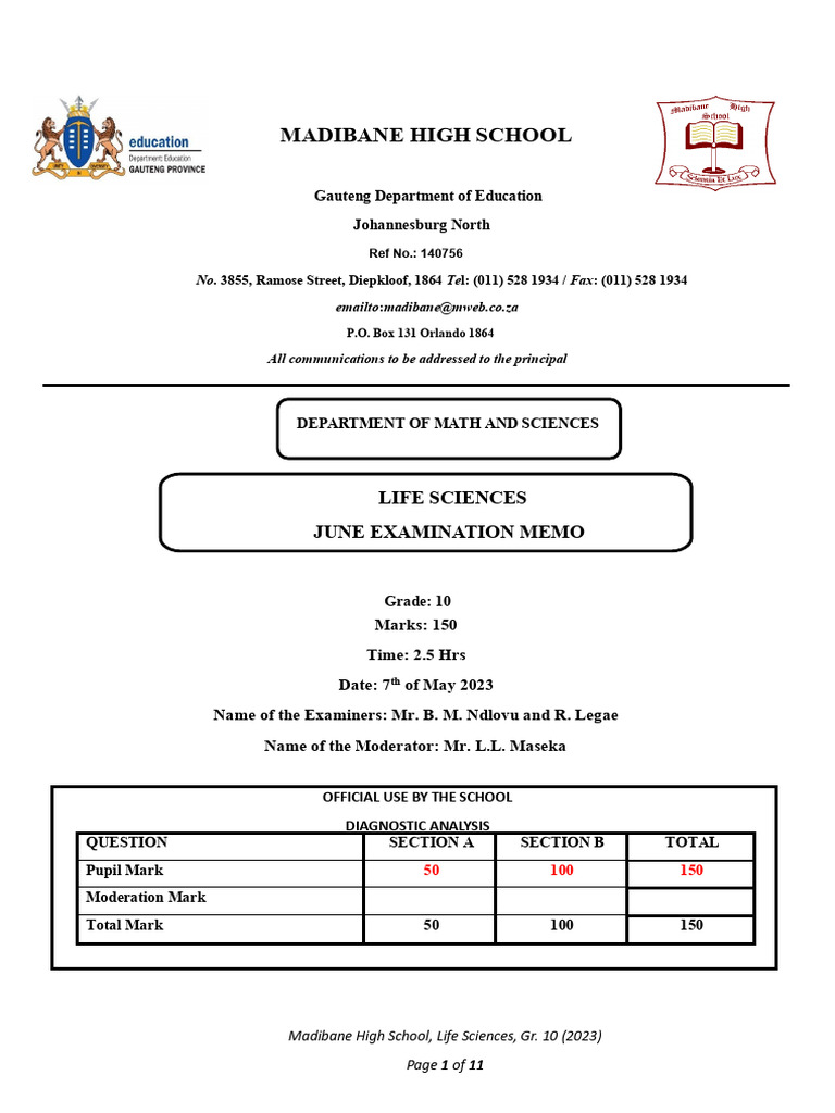 Gr. 10 Life Sciences Exam Memo 2023 | PDF | Fossil | Lipid