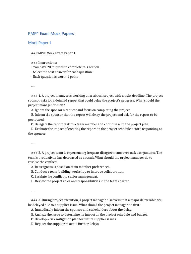 PMP_Mock_Exam_Papers | PDF | Risk | Stakeholder (Corporate) PMP_Mock_Exam_Papers | PDF | Risk | Stakeholder (Corporate)