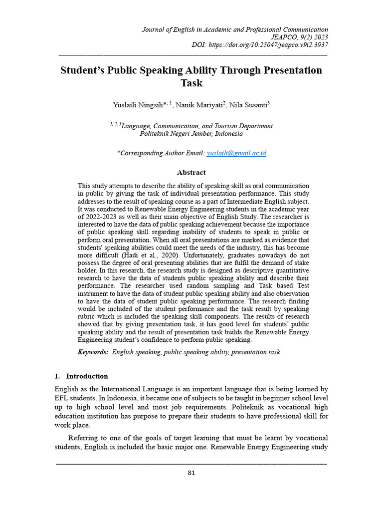 Students Public Speaking Ability Through Presenta | PDF | Language ...