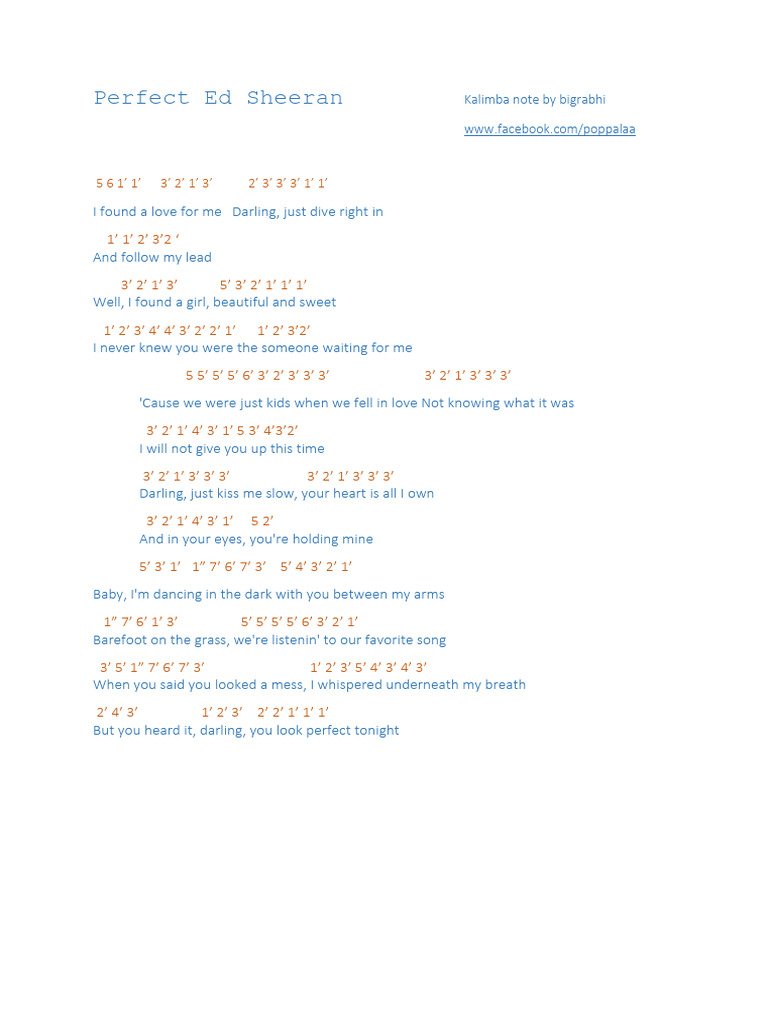 Perfect Kalimba Chords for Ed Sheeran | PDF | Mystery, Thriller & Crime ...