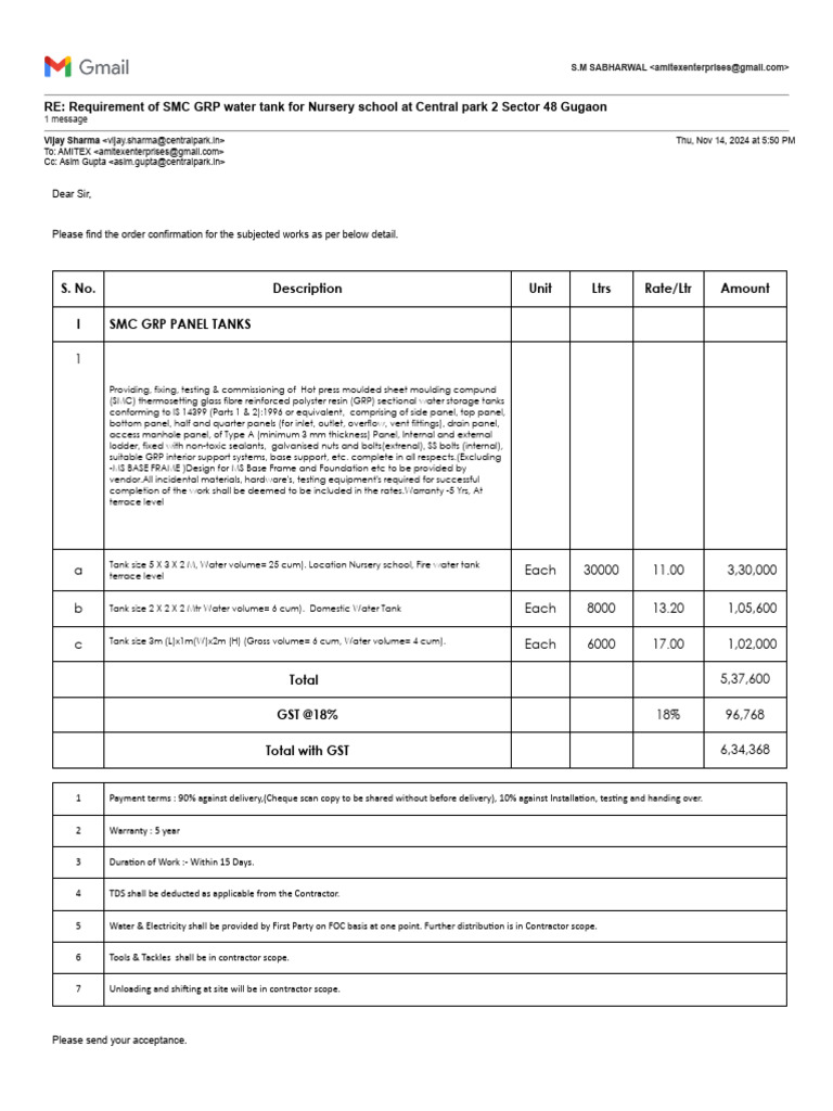 SMC Water Tank Order for Nursery in Gurgaon | PDF | Fiberglass ...