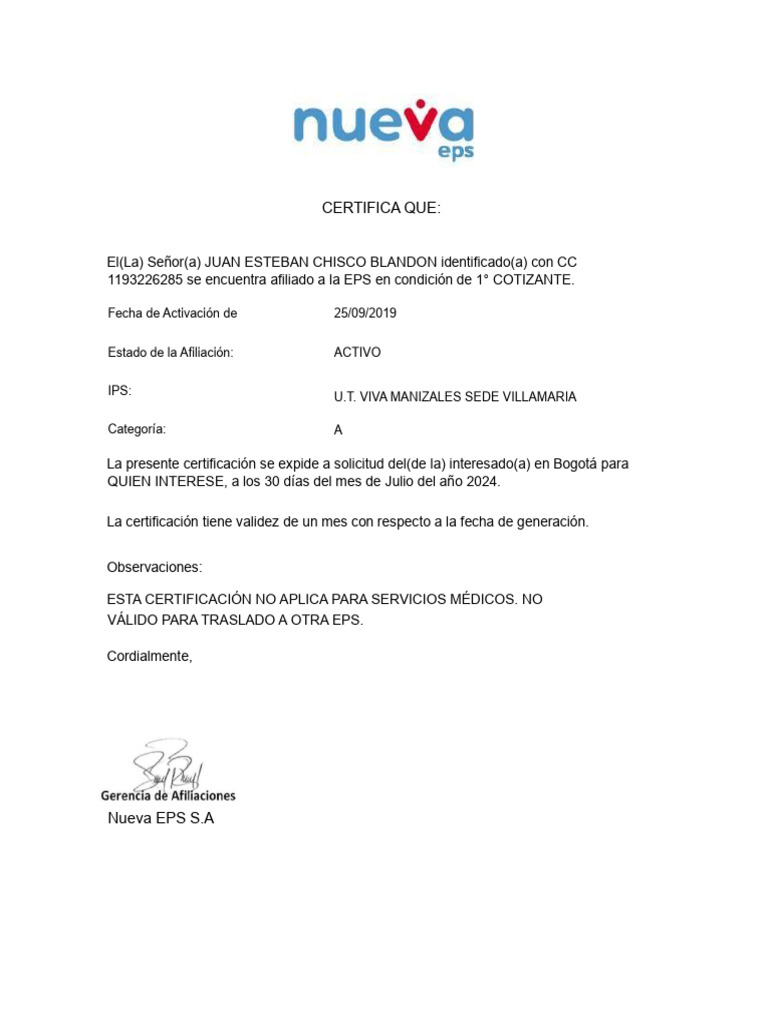 Certifica Que:: Fecha de Activación de Estado de La Afiliación: Ips: Categoría: 25/09/2019 ...