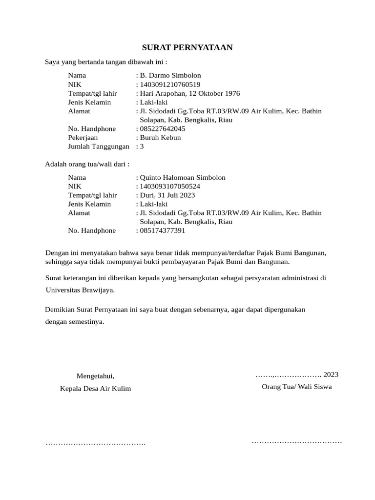 Surat Pernyataan Tidak Punya PBB | PDF | Hukum