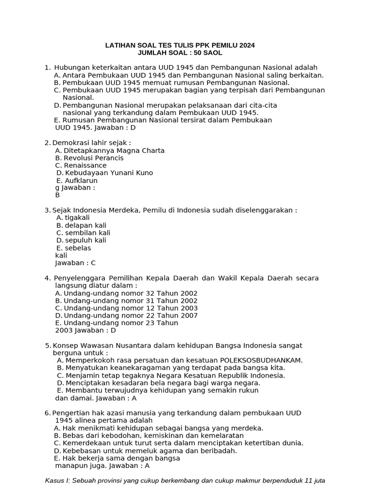 Latihan Soal Tes Tulis PPK Pemilu 2024 | PDF | Politik