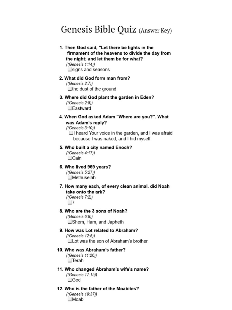 User Bible Quiz Genesis Bible Quiz Answers | PDF