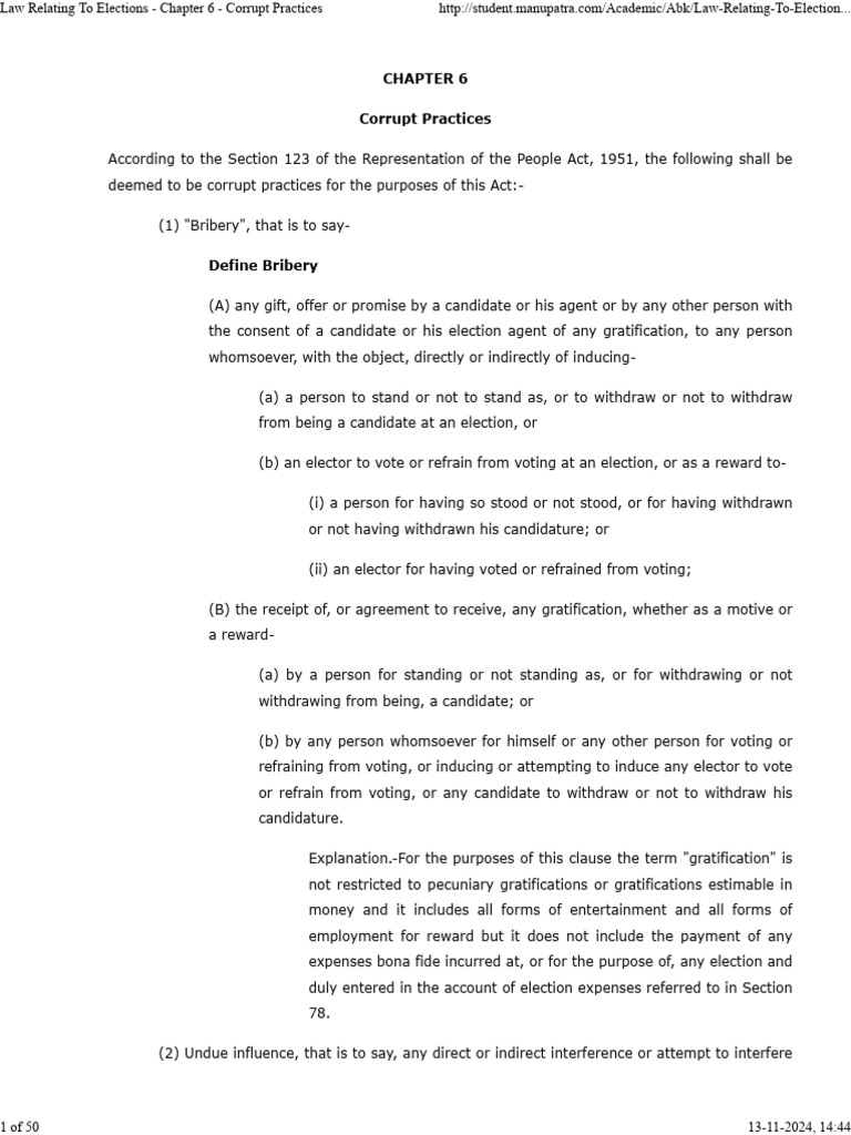 Law Relating To Elections - Chapter 6 - Corrupt Practices | PDF | Burden Of Proof (Law)