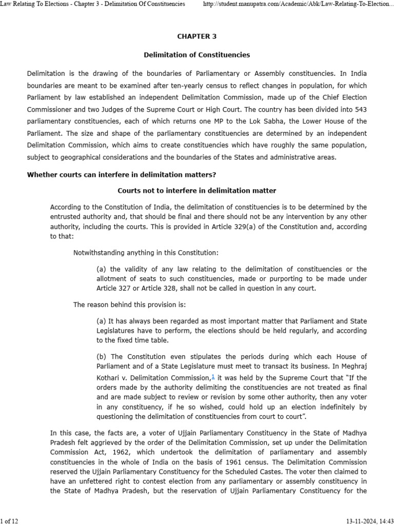 Law Relating To Elections - Chapter 3 - Delimitation of Constituencies ...