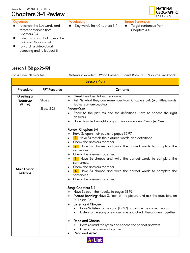 WW - Prime - L2 - Chs3-4 - Review - Lesson Plan | PDF | Cognition ...